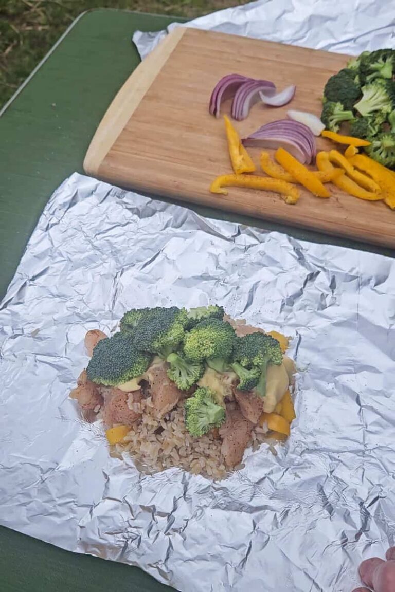 Chicken, Broccoli and Rice Foil Packet Camping Dinner - Refresh Camping